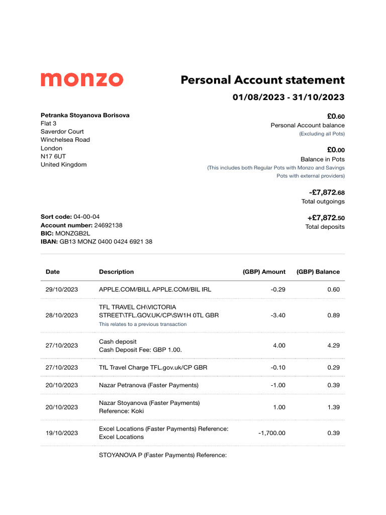 Monzo - Bank - Statement - 2023 08 01 2023 10 31 - 4563 | PDF