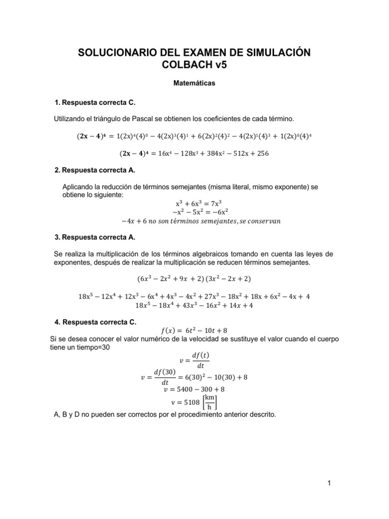 Solucionario Del Examen de Simulación COLBACH v. 5 (Matemáticas y ...