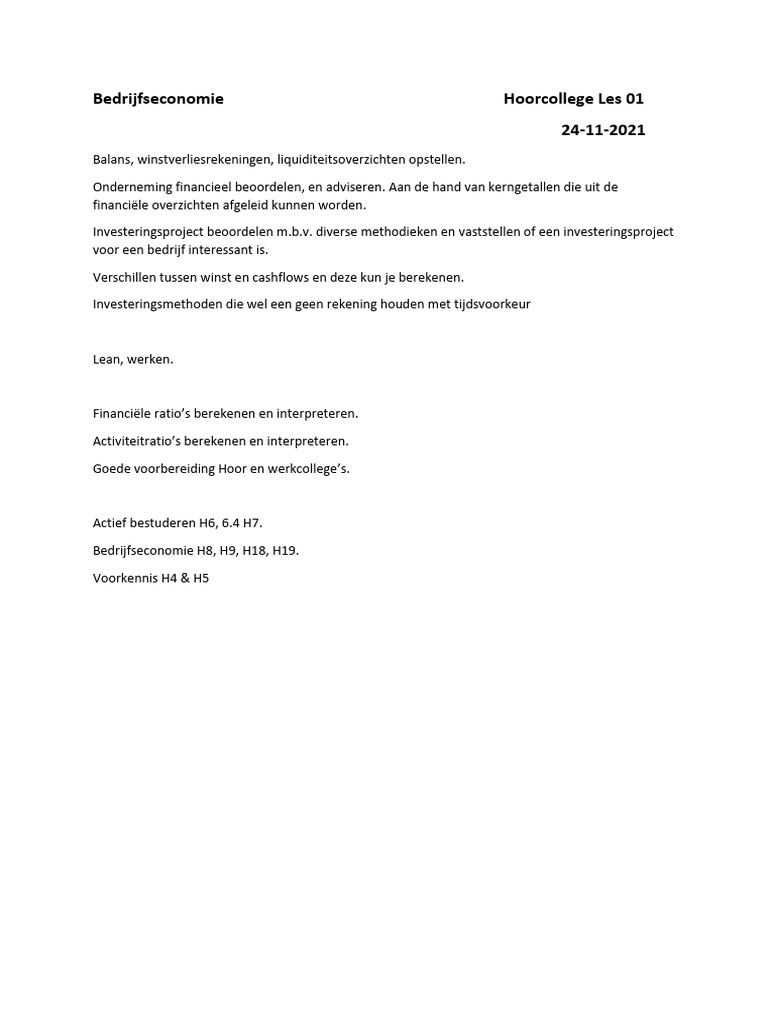Aantekeningen Bedrijfseconomie Les 01 | PDF