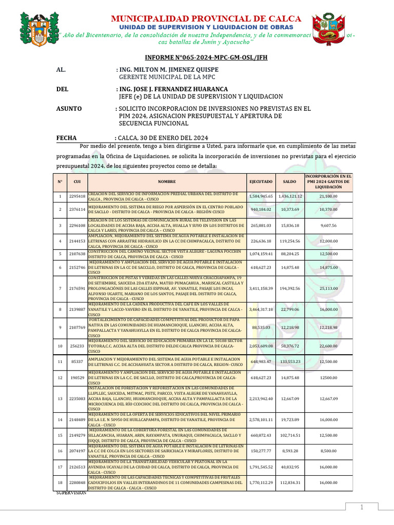 Informe N°065 Proyectos para Liquidar 2024 | PDF
