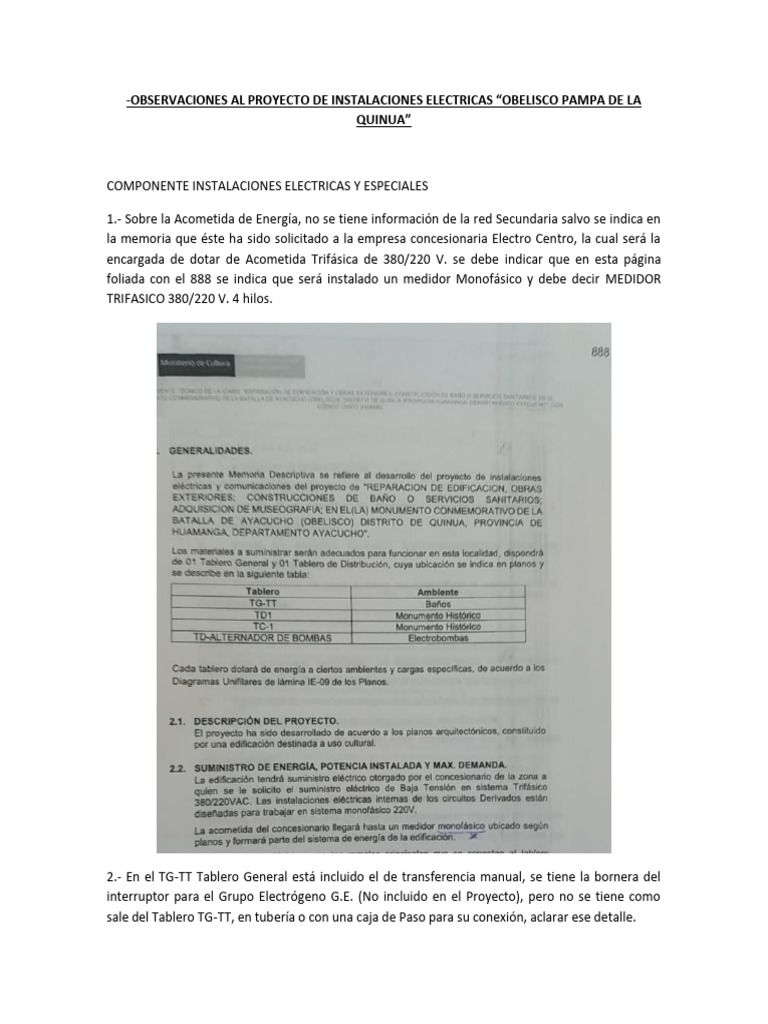 Observaciones Al Proyecto de Instalaciones Electricas PDF | PDF | Poder (Física) | Electricidad