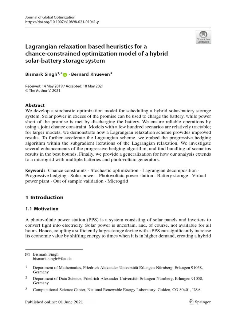 Lagrangian Relaxation Based Heuristics For A Chance-Constrained Optimization Model of A Hybrid ...