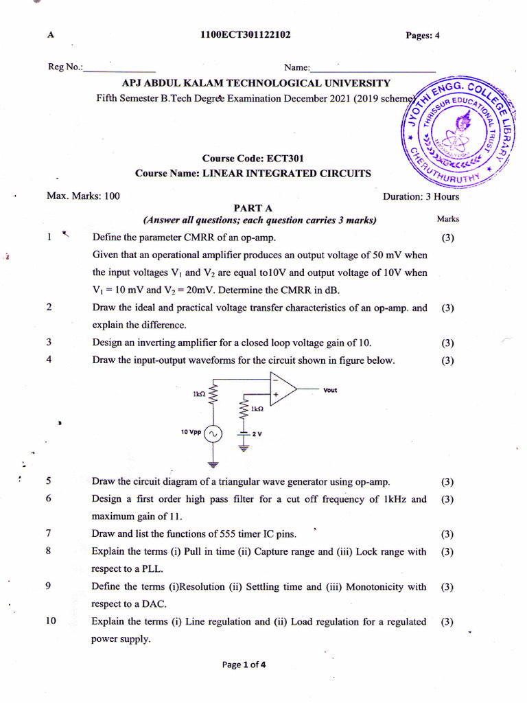 Ect301 Linear Integrated Circuits, December 2021 | PDF | Operational Amplifier | Amplifier