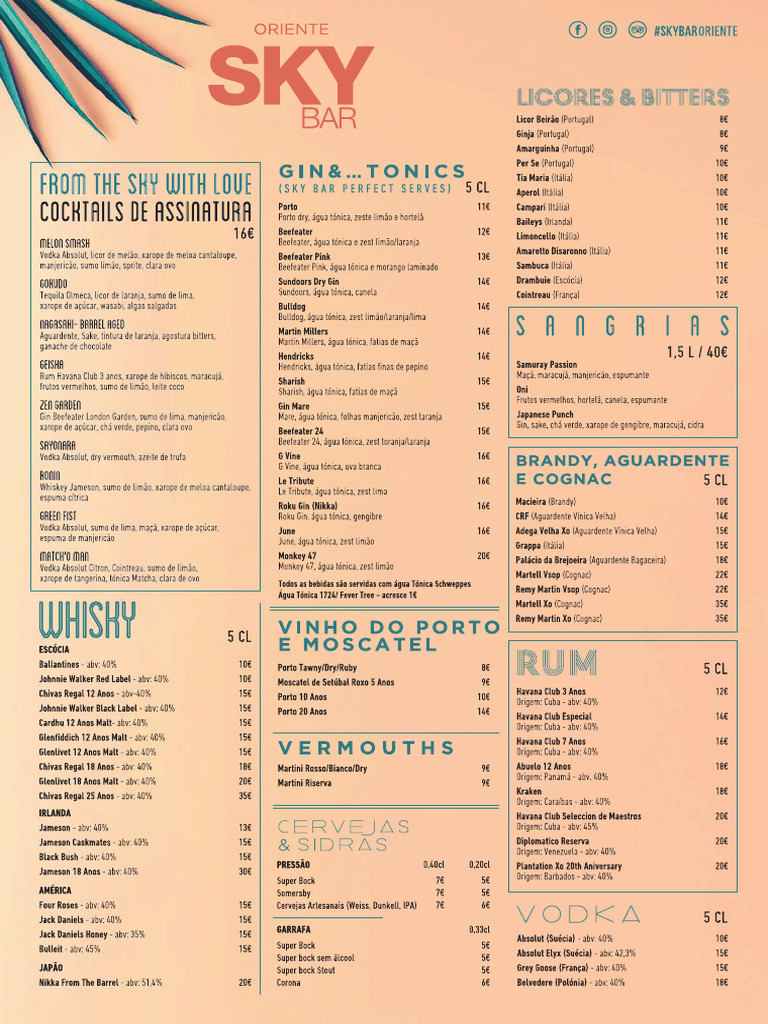 Sky Bar Oriente Menu PT | PDF