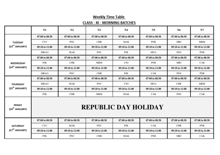 Time Table - 23-01-2024 To 28-01-2024 - MOR | PDF