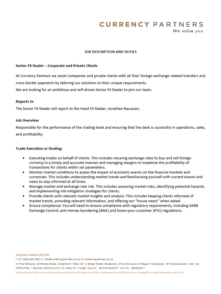 Currency Partners - Senior FX Dealer - 2023 | PDF | Business | Finance ...
