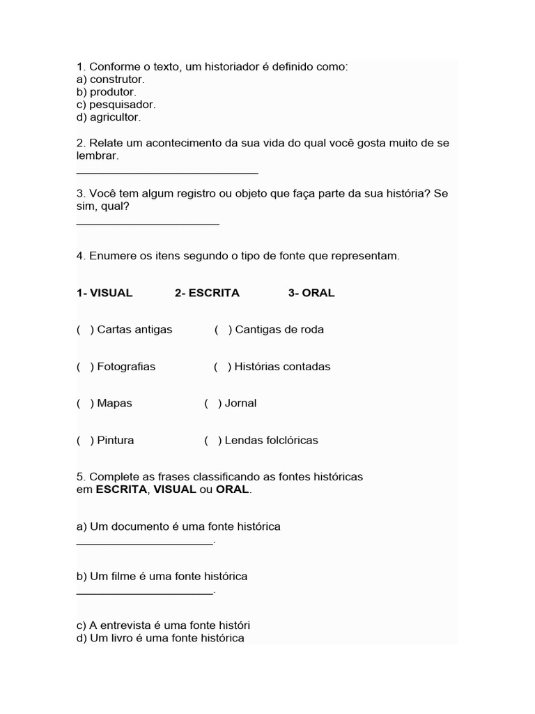 Atividade Sobre Slide Historia 1º Tempo e Memria | PDF