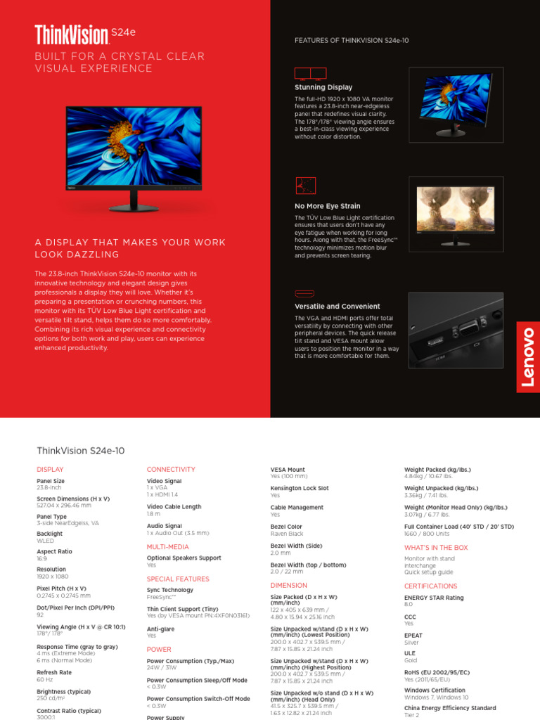 ThinkVision S24e Datasheet EN | PDF | Computer Monitor | Display Technology