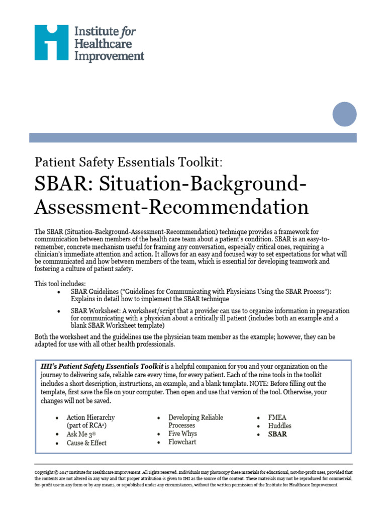 SafetyToolkit SBAR | PDF | Health Care | Medicine