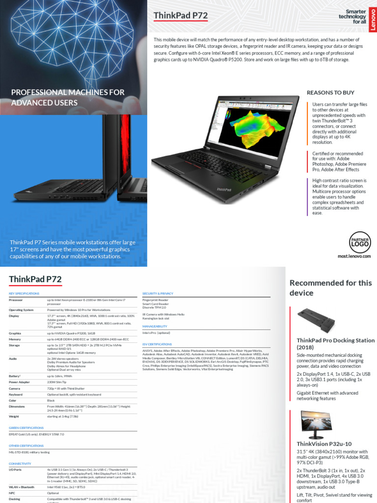 ThinkPad P72 Datasheet | PDF | Usb | Electronics