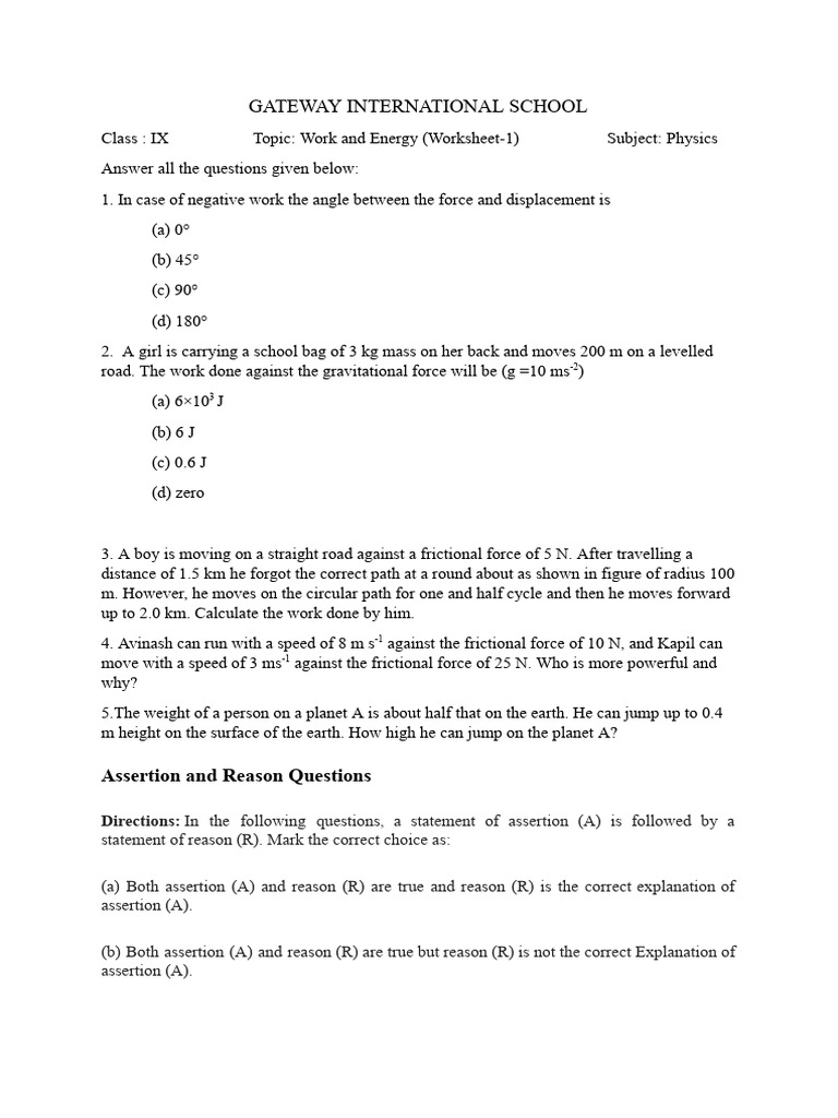 Work and Energy Worksheet for Class IX | PDF