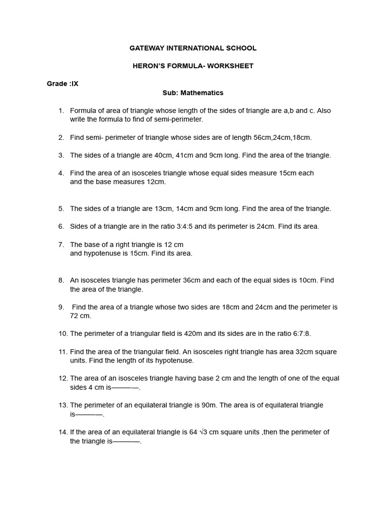 Heron's Formula - Worksheet | PDF
