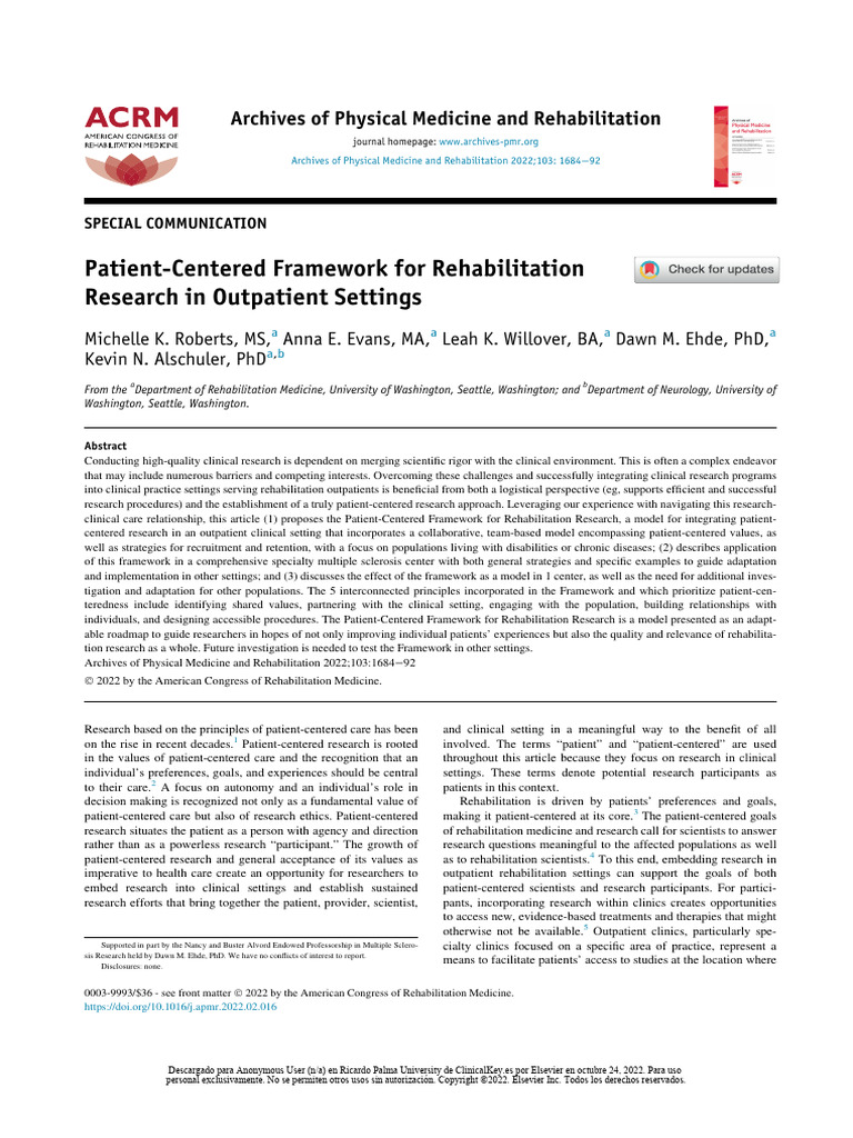 Patient-Centered Framework For Rehabilitation Research in Outpatient ...
