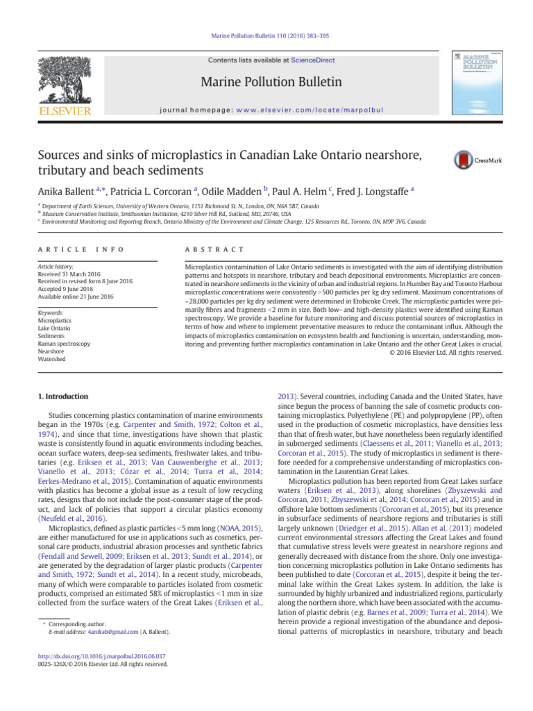 Sources and Sinks of Microplastics in Canadian Lake Ontario Nearshore ...