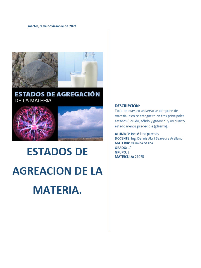 Practica Josue Luna Paredes Estados de Agregacion | PDF | Líquidos | Gases