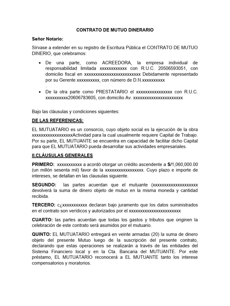 Contrato de Mutuo Dinerario,... | PDF