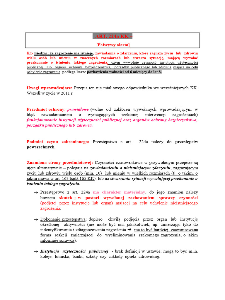 ART. 224a KK - : (Fałszywy Alarm) | PDF