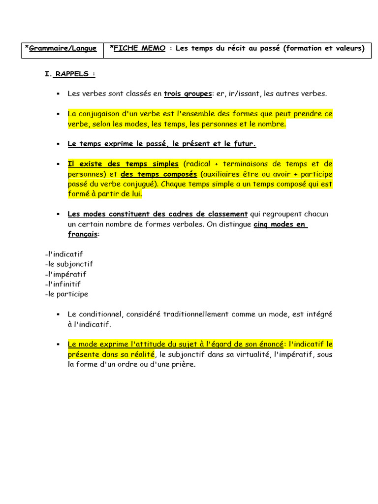 Rappels Temps Simples Et Composés Valeurs Des Temps de Base Du Récit | PDF