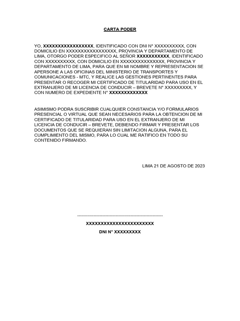 Carta Poder Para Mtc Pdf