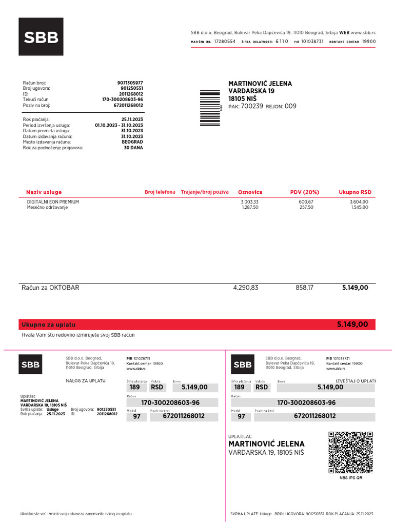 Račun Za SBB Usluge, 10.2023 | PDF