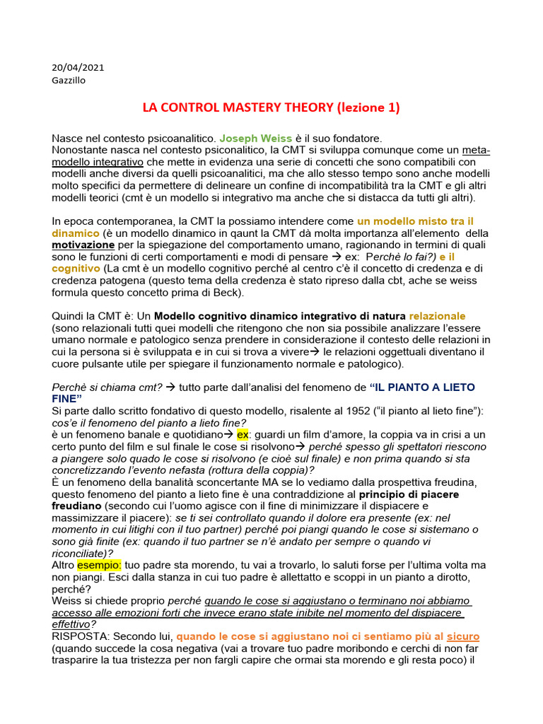 La Control Mastery Theory (Lezione 1) : Un Modello Misto Tra Il Dinamico Eil Cognitivo | PDF