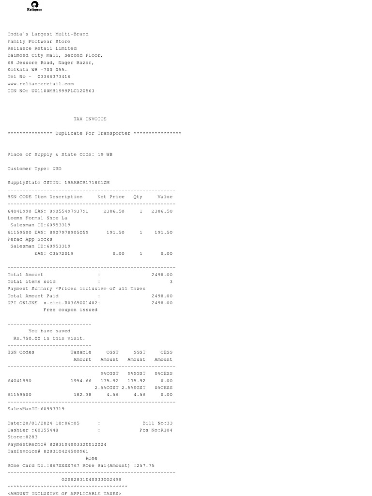 Reliance Retail Tax Invoice Summary | PDF | Business | Technology ...