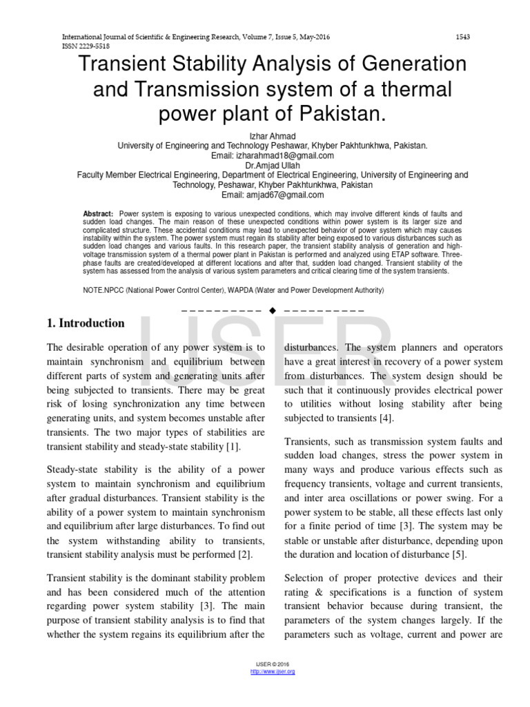 Transient Stability Analysis of Generation and Transmission System of A Thermal Power Plant of ...