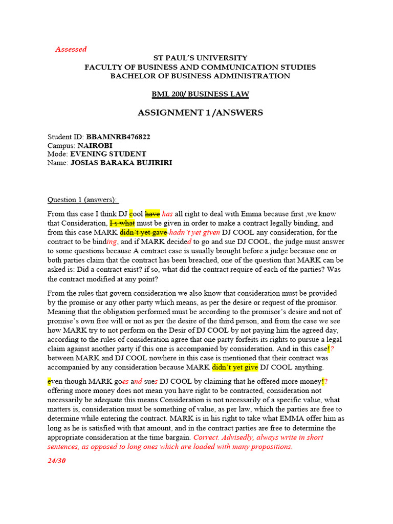BUSINESS LAW ASSIGNMENT-Josias | PDF | Consideration | Consent