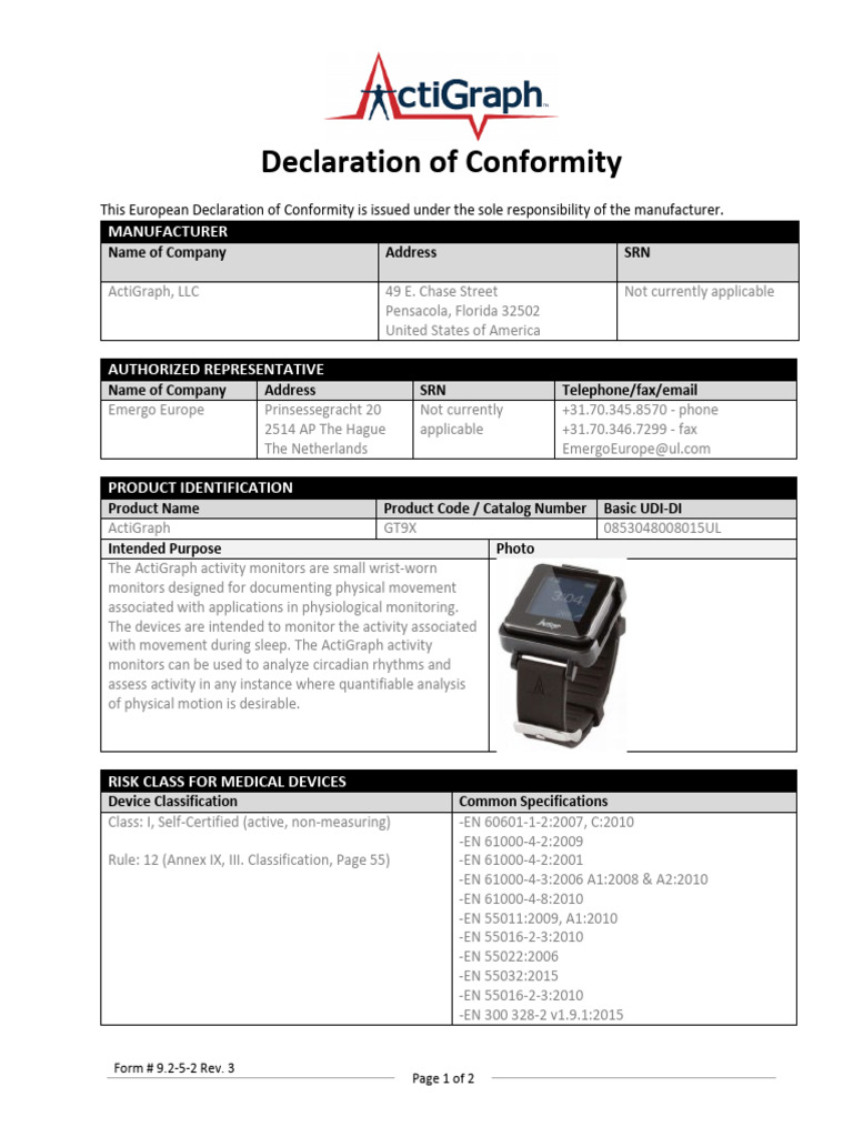 ActiGraph GT9X Conformity Declaration | PDF | Medical Device