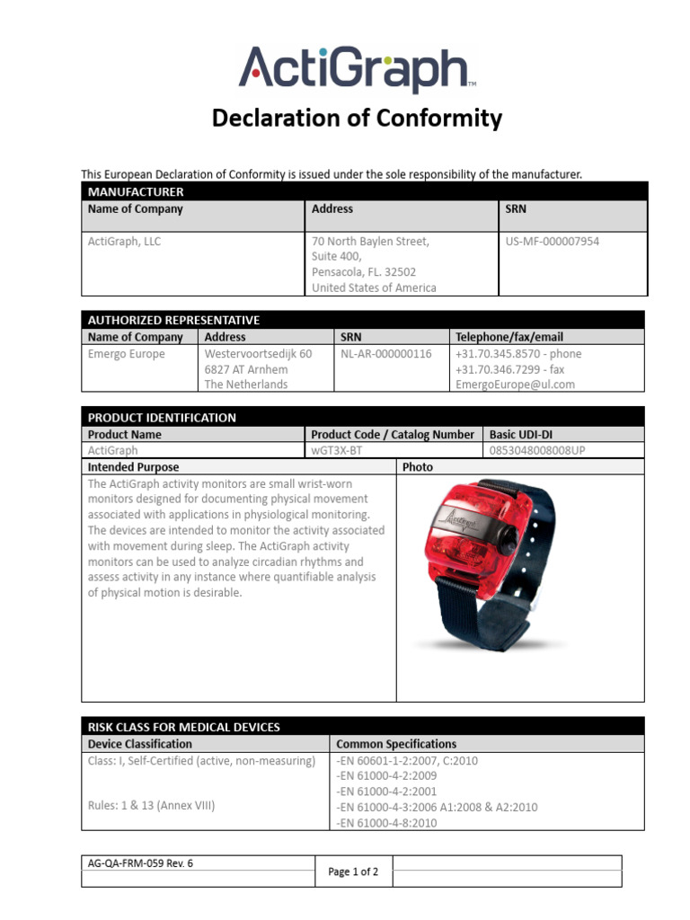 Actigraph - 2023 - wGT3X | PDF
