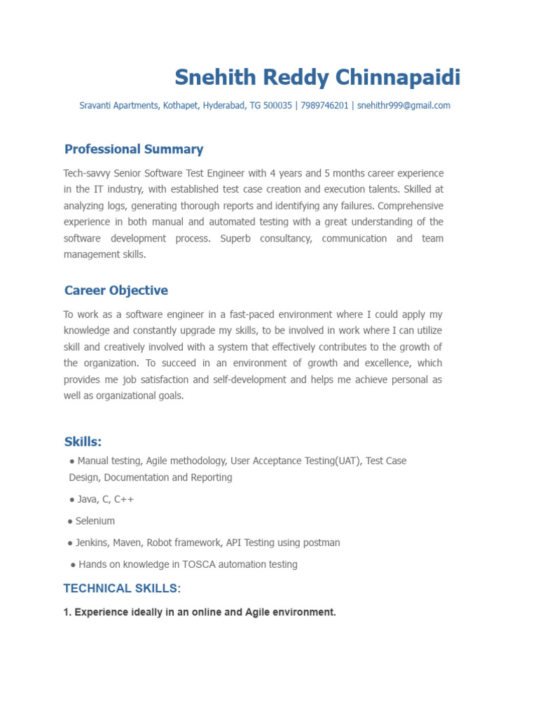 Snehith Reddy 2024 Performance Test Engineer | PDF