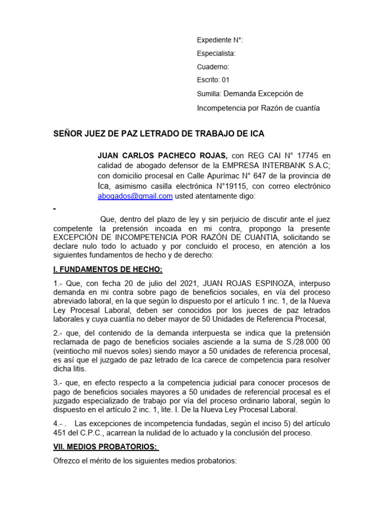 Demanda de Excepcion | PDF | Demanda judicial | Ley procesal