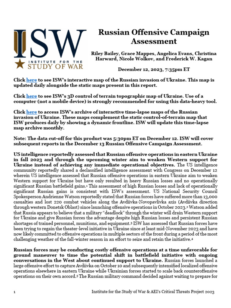 Russian Offensive Campaign Assessment, December 12, 2023 | PDF