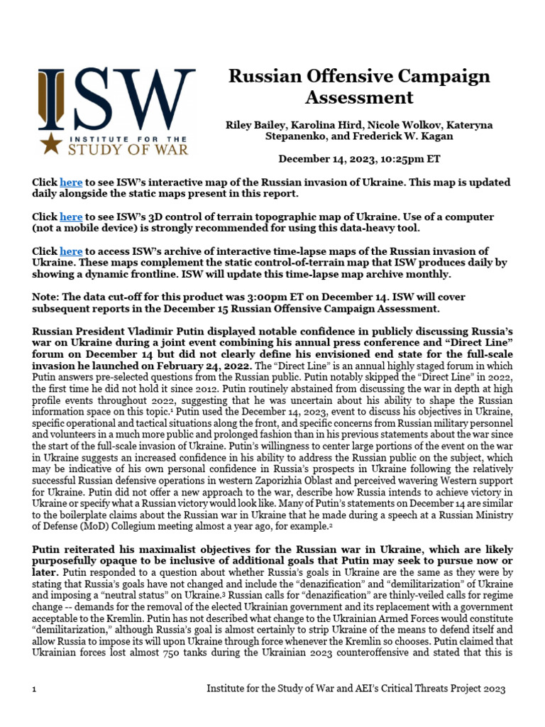 Russian Offensive Campaign Assessment December 14, 2023 | PDF | World ...