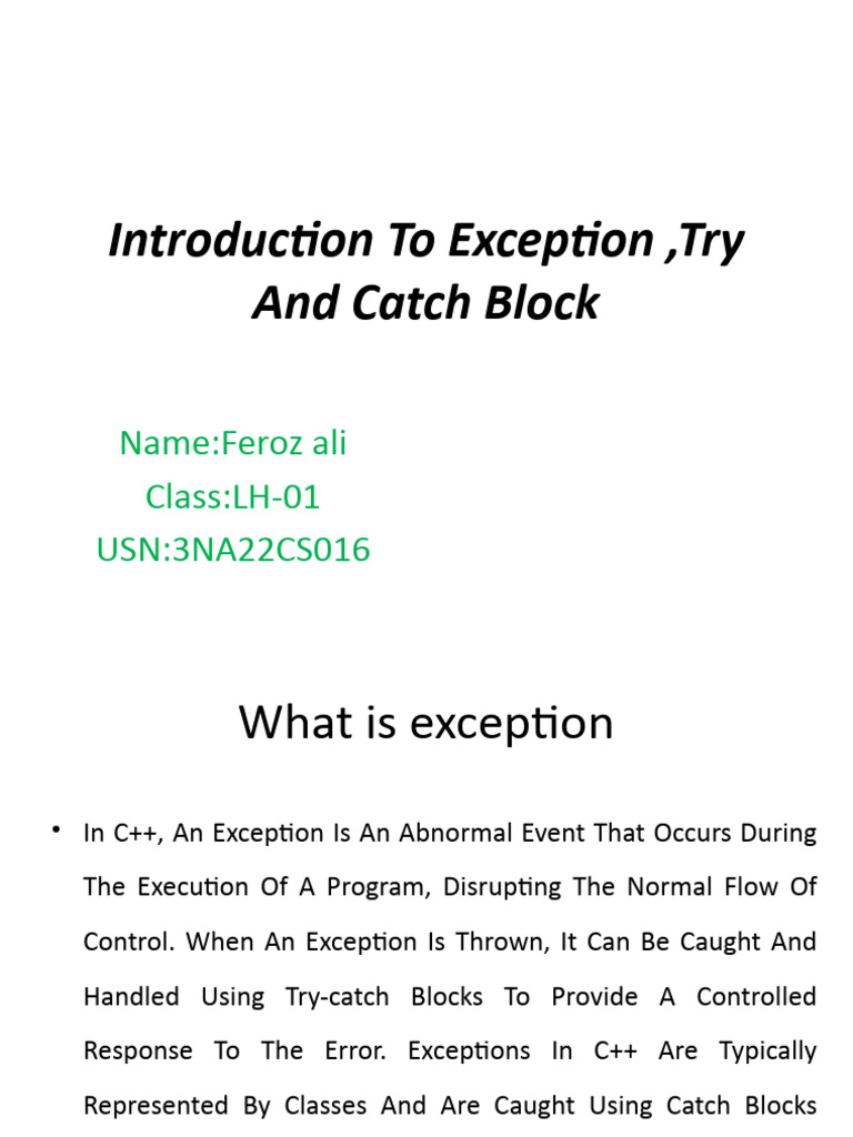 Introduction To Exception, Try and Catch Block | PDF | C++ | Object (Computer Science)