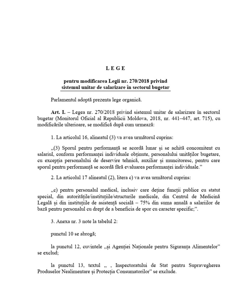 Lege Pentru Modificarea Legii Nr. 270/2018 Privind Sistemul Unitar de Salarizare În Sectorul ...