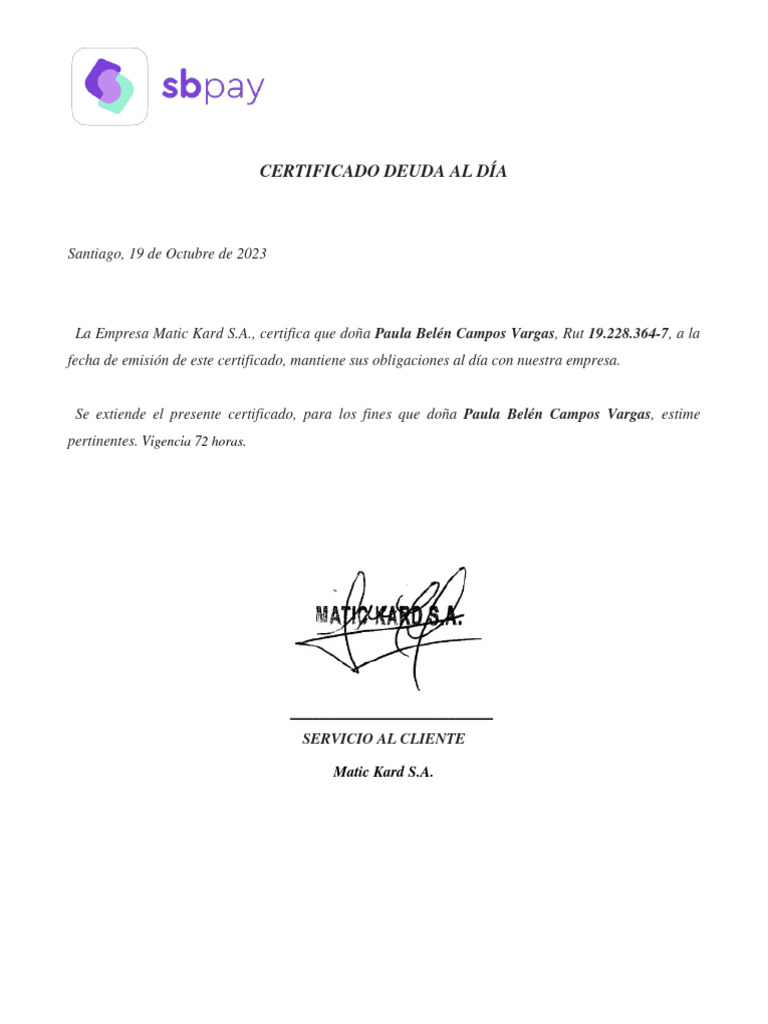 Certificado Deuda Al Día 19228364-7 | PDF