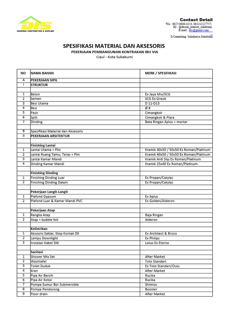 Daftar Spesifikasi Bahan Dan Material | PDF