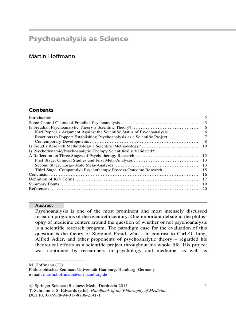 Psychoanalysis as Science Hoffmann2015 ReferenceWorkEntry | PDF | Psychoanalysis | Psychotherapy