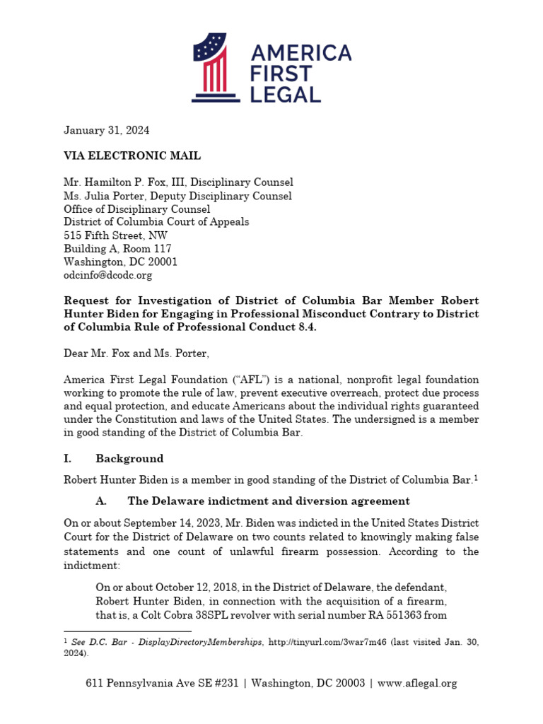 DC Bar Complaint Robert Hunter Biden | PDF | Joe Biden | Bureau Of Alcohol