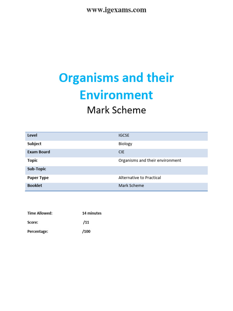 IGCSE Biology: Organisms & Environment Marking | PDF