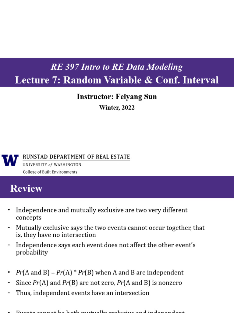 Lecture 7 Random Variable Confidence Interval | PDF | Probability Distribution | Random Variable