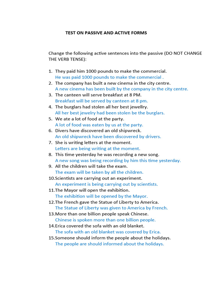 Test On Passive and Active Forms 8 KL | PDF | Language Arts & Discipline