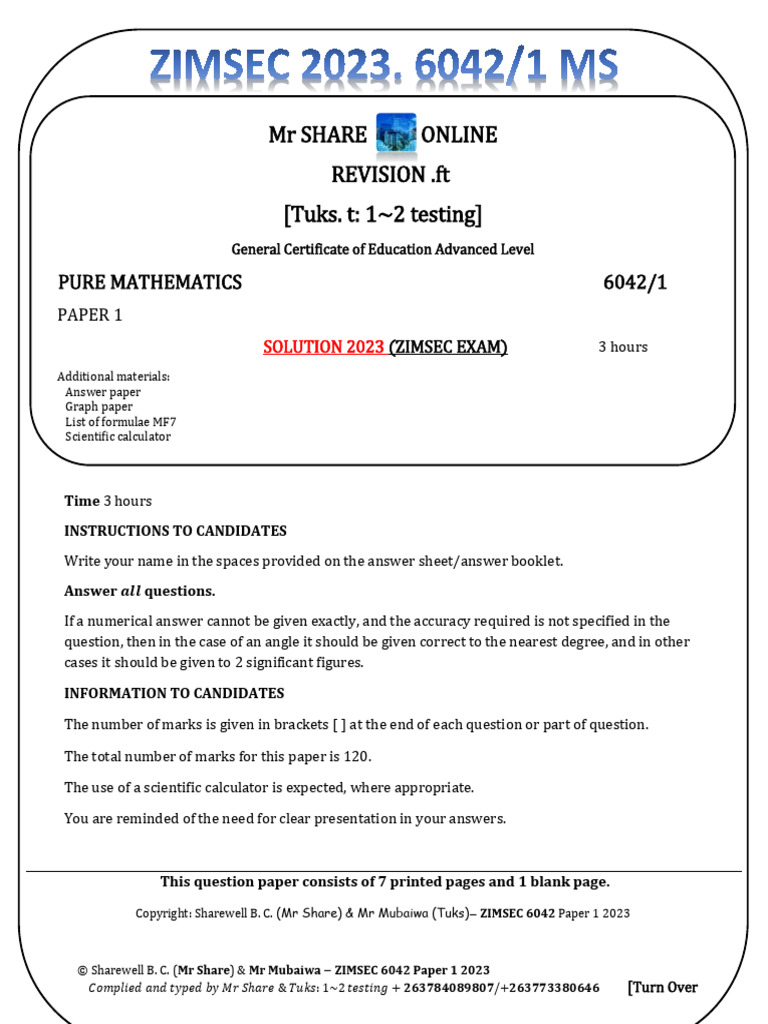 2023 Ms p1 Pure Mathematics Zimsec MR Share & Tuks | PDF | Tangent ...