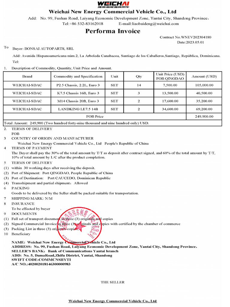 Proforma Invoice-Chassis (BONSAI AUTO) | PDF