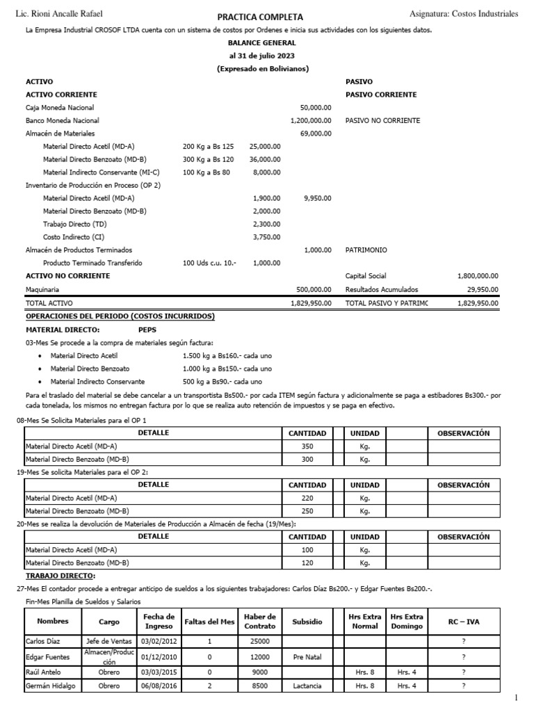 Practica Completa Costos I | PDF