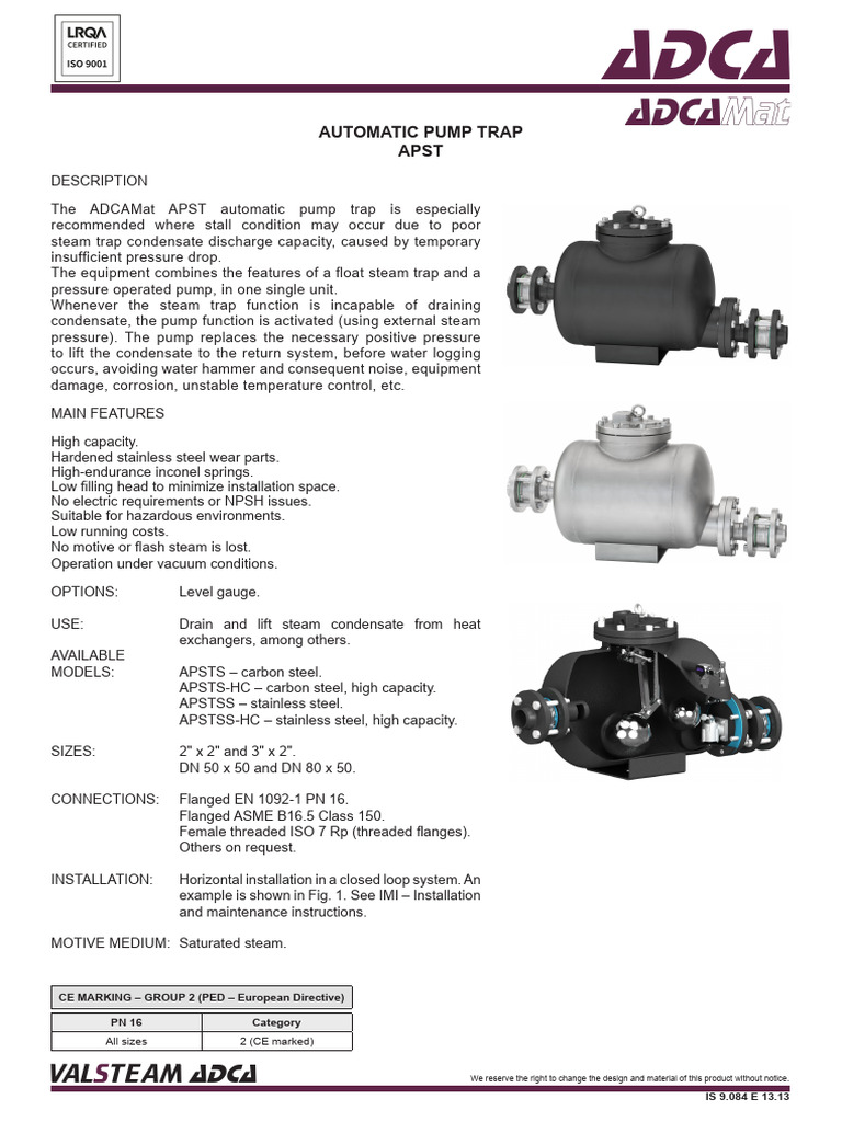 5 09a e Adcamat Apst Automatic Pump Trap dn50 80 | PDF | Pump | Valve