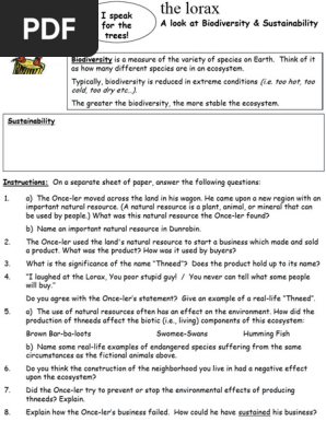 The Lorax Environmental Science Worksheet Answers