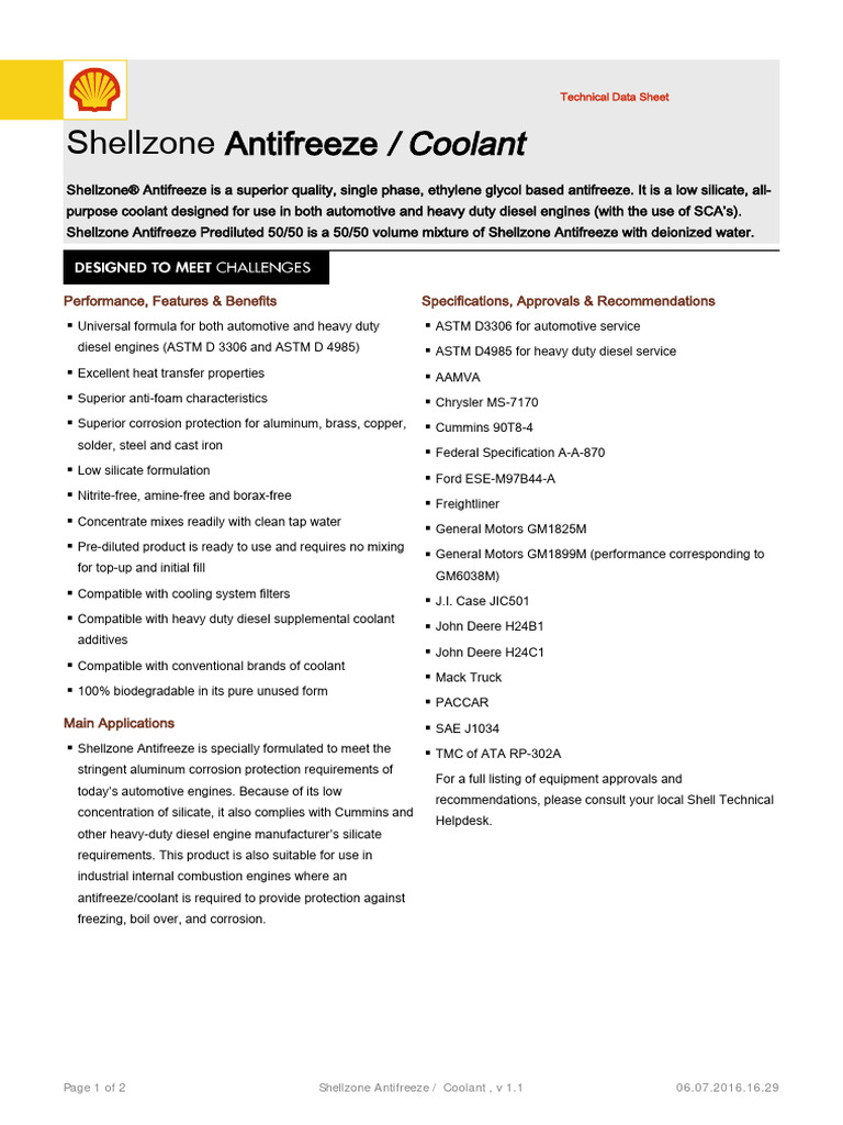 Shellzone Antifreeze Concentrate Datasheet | PDF | Chemistry | Materials