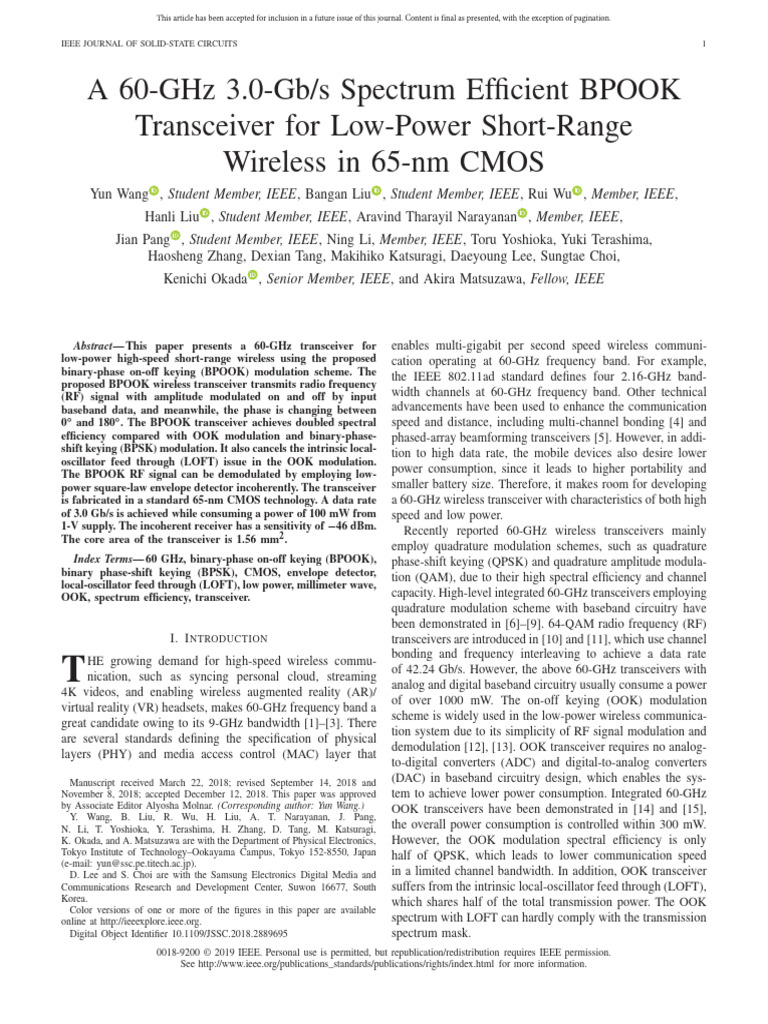 A 60-GHz 3.0-Gb-s Spectrum Efficient BPOOK Tranceiver For Low-Power Short-Range Wireless in 65nm ...
